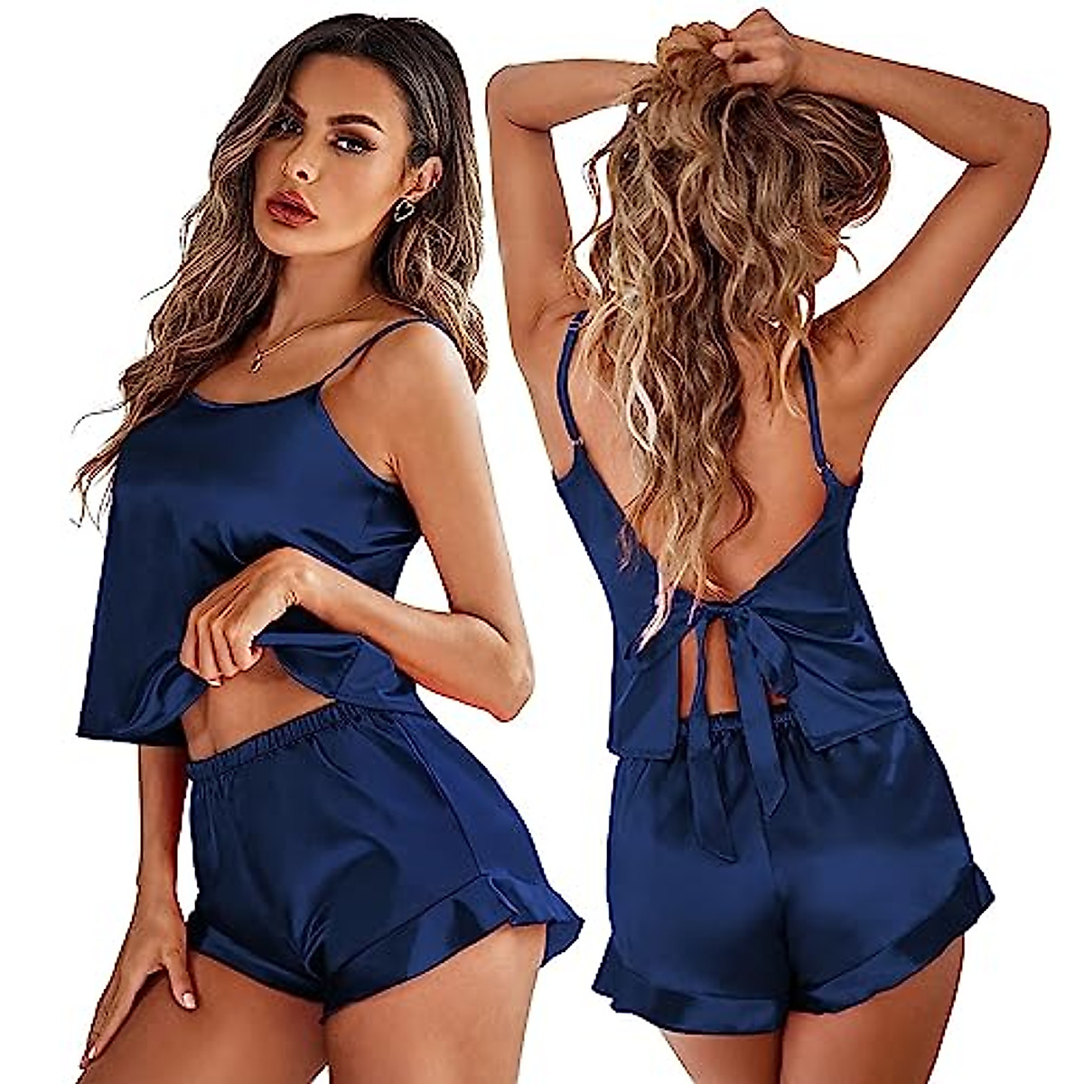 Ekouaer Pajamas Set Women Silk Backless Cami Short Set Satin Sleepwear Sets for Wife Blue