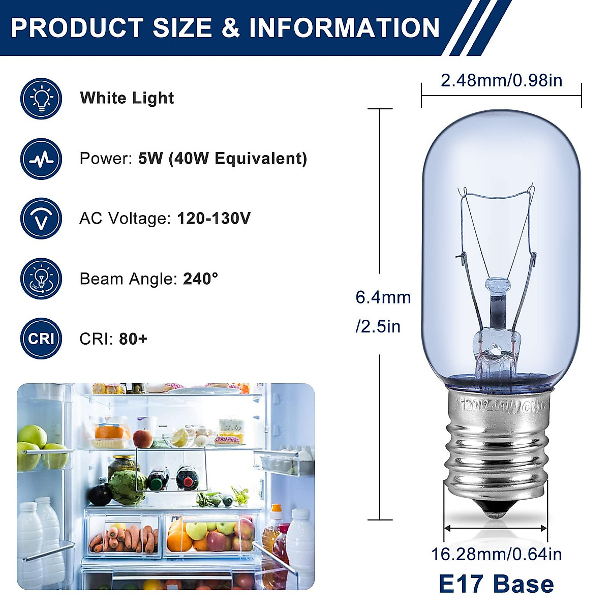 AMI PARTS Refrigerator Light Bulb T8 297048600 241552802 Replacement Refrigerator 40W Compatible with Whirl-Pool Kenm-ore Light Bulb Refrigerator