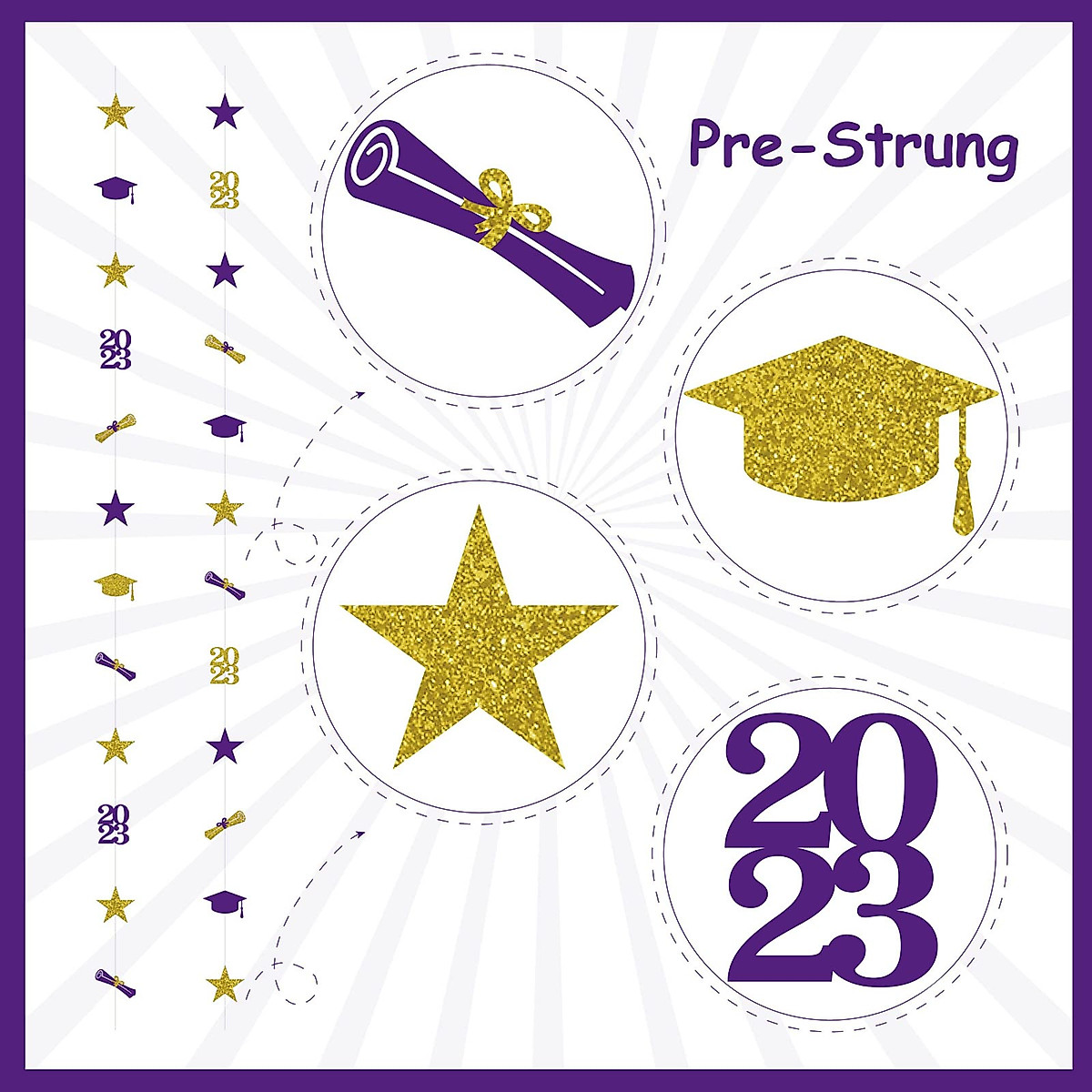 8Pcs 2023 Graduation Party Streamers Purple, Class of 2023 Hat Star Diploma Banner Garland Vertical Hanging Backdrop Background for Ceiling Classroom Home Decor