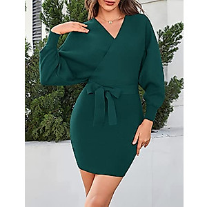 Zonsaoja Women's Sweater Mini Dress Long Sleeve Bodycon Wrap Knitted Dresses Green XS