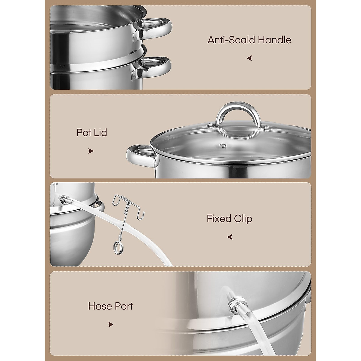 FOHERE 11Qt Steam Juicer Extractor for Canning, Juice Steamer Stainless Steel for Fruit & Vegetables with Glass Lid, Hose, Clamp, Loop Handles, Multipots Cookware for Making Juice, Jelly, Sauces