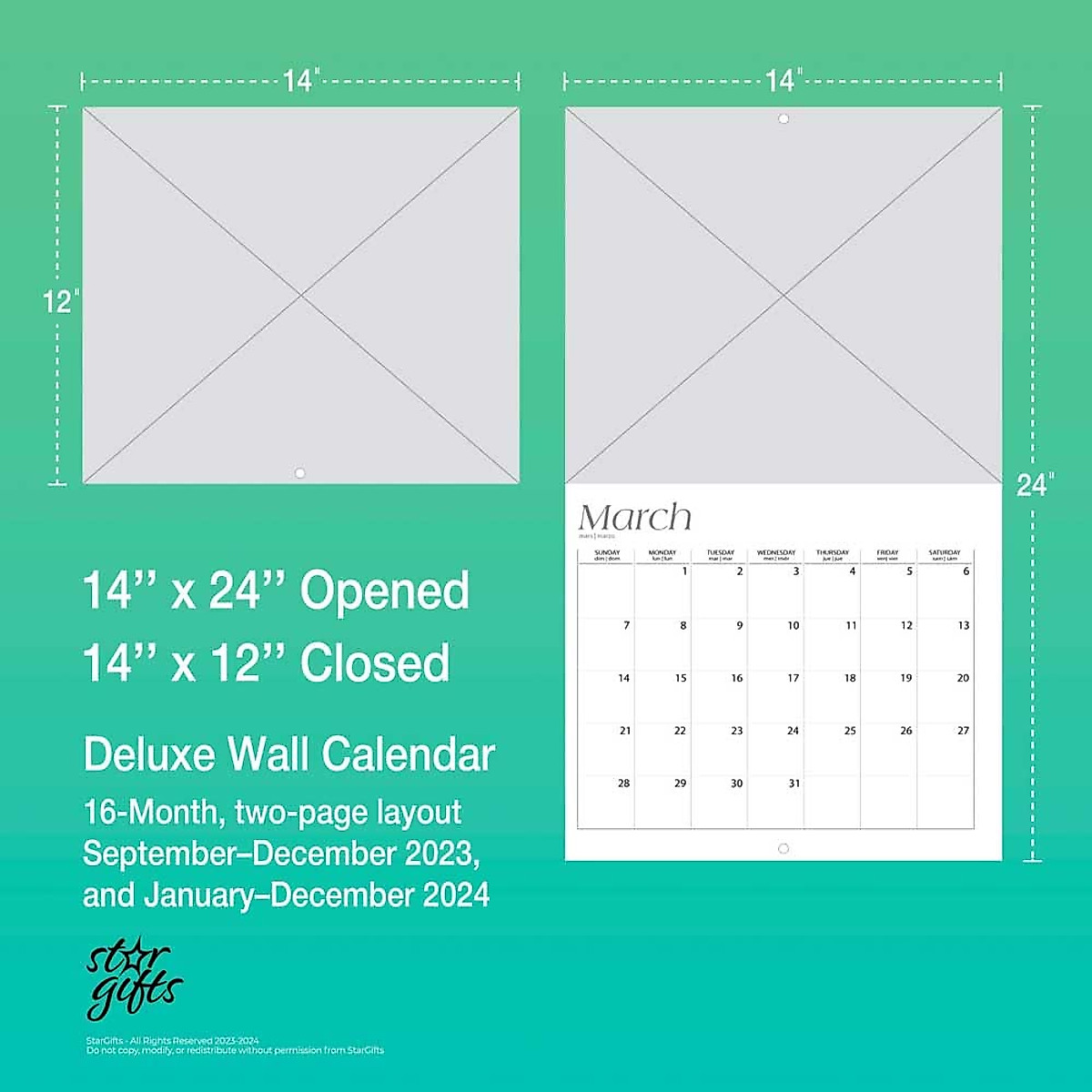 Kitchen | 2024 14 x 24 Inch Monthly Deluxe Wall Calendar | Sticker Sheet | StarGifts | Cooking Home