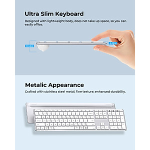Wireless Bluetooth Keyboard and Mouse Combo (USB + Dual BT), seenda Multi-Device Rechargeable Slim Keyboard and Mouse, Compatible for Win 7/8/10, MacBook Pro/Air, iPad, Tablet - White Silver