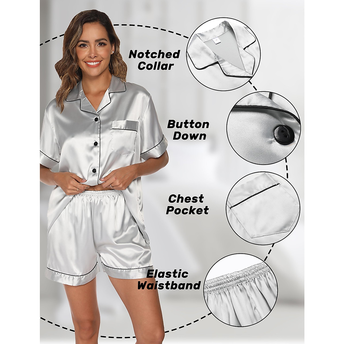 GAESHOW Silk Pajamas for Women Short Sleeve Button Down Sleepwear Loungewear 2 piece Satin Pj Sets Grey