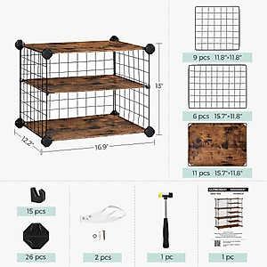 SONGMICS Shoe Rack, 18-Pair Storage Organizer, Portable Cube Shoe Organizer with Plastic Panels, DIY Modular Cabinet with Adjustable shlves, for Closet, Bedroom, Rustic Brown and Black ULPM036A01