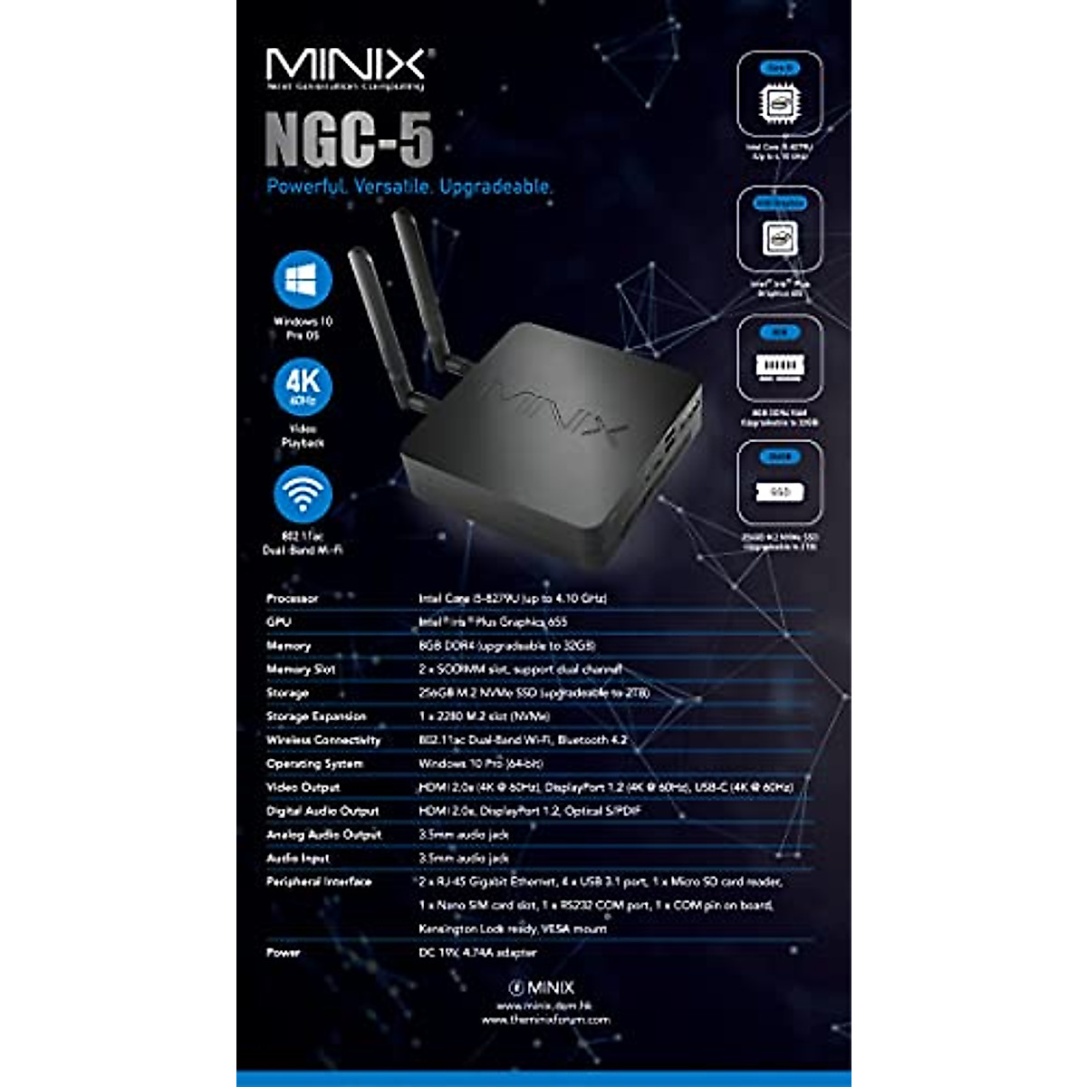 MINIX NGC-5, Intel i5-8279U Mini PC 8GB/256GB M.2 NVMe SSD, Triple 4K @ 60Hz Display/HDMI 2.0/ USB-C/DP/2xGigabit Ethernet/4USB 3.1. Support 4G LTE, SSD (SATA), Auto Power On