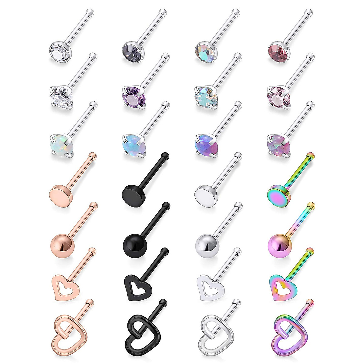 Hoeudjo 20G Opal Nose Rings Surgical Steel Nose Ring Studs Heart CZ Inlaid Piercing Jewelry for Women Men Girls 28 Pieces Bone Nose Rings