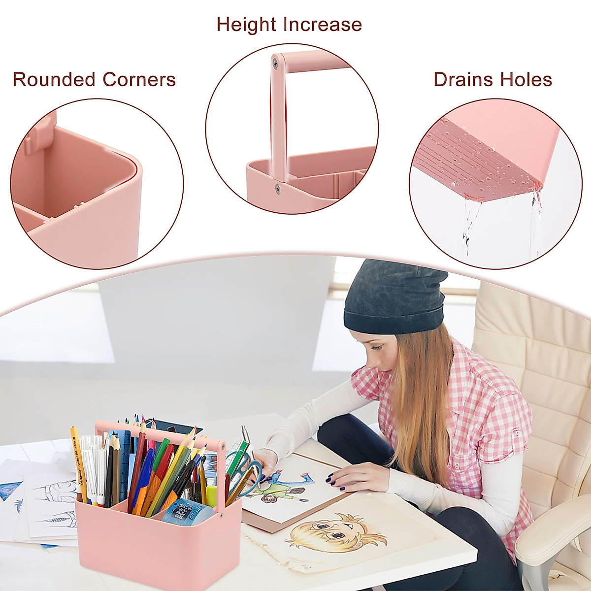 LAFARA Multipurpose Caddy Organizer, Portable Art Caddy with Handle and Adjustable Divider, Plastic Craft Caddy （Pink+Blue）