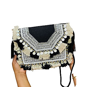 AMRANIS Boho Handcrafted Jute Coin Bag, Banjara bags, Designer Bohemian Bags, Shell Jute Bags Clutch, With Free Christmas Bag, Black4