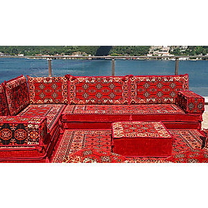 Red L Shaped Corner Arabic Sofa Seating, Arabic Majlis, Sectional Sofas, Moroccan Livingroom Home Decor, Turkish Floor Sofas (L Sofa Full Set)