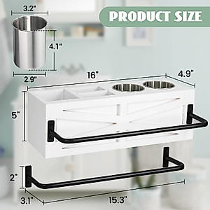 Hair Dryer Holder Wall Mount, Wood Hair Tool Organizer, White Hot Tools Organizer with 2 Towel Bars, Rustic Bathroom Organizer Blow Dryer Holder for Bathroom Decor, Flat Iron, Curling Wand, Brushes