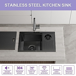 BULUBEE Black Stainless Steel Bar Sink with Glass Rinser, Single Bowl Kitchen Sink, Drop-in or Undermount (23"L x 15"W x 9"D)