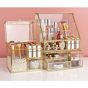 CONHENCI Large Glass Makeup Organizer Drawer Set Beauty Storage Bathroom Counter Organizer Cosmetic Display (11.5inx8.5inx5.5in)