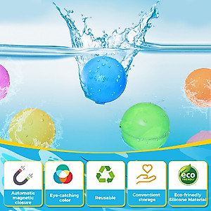SOPPYCID 12PCS Reusable Water Balloons - Quick Fill Water Balls Toys For Toddler Age 4-8 - Refillable Magnetic Self-Sealing Water Splash Bomb For Summer Party Pool Outdoor Beach Toys for kids Age 8-12