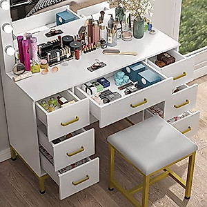 WJFORLION Vanity Set with Lighted Mirror, 44'' Makeup Vanity Dressing Table with 14PCS LED Bulbs, Vanity Desk White Vanity with Cushioned Stool & 7 Drawers for Bedroom(White)