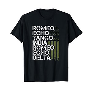PIXELCYNIC Funny Military Family Gifts Unisex-Adults Black Phonetic Alphabet Retirement T-Shirt