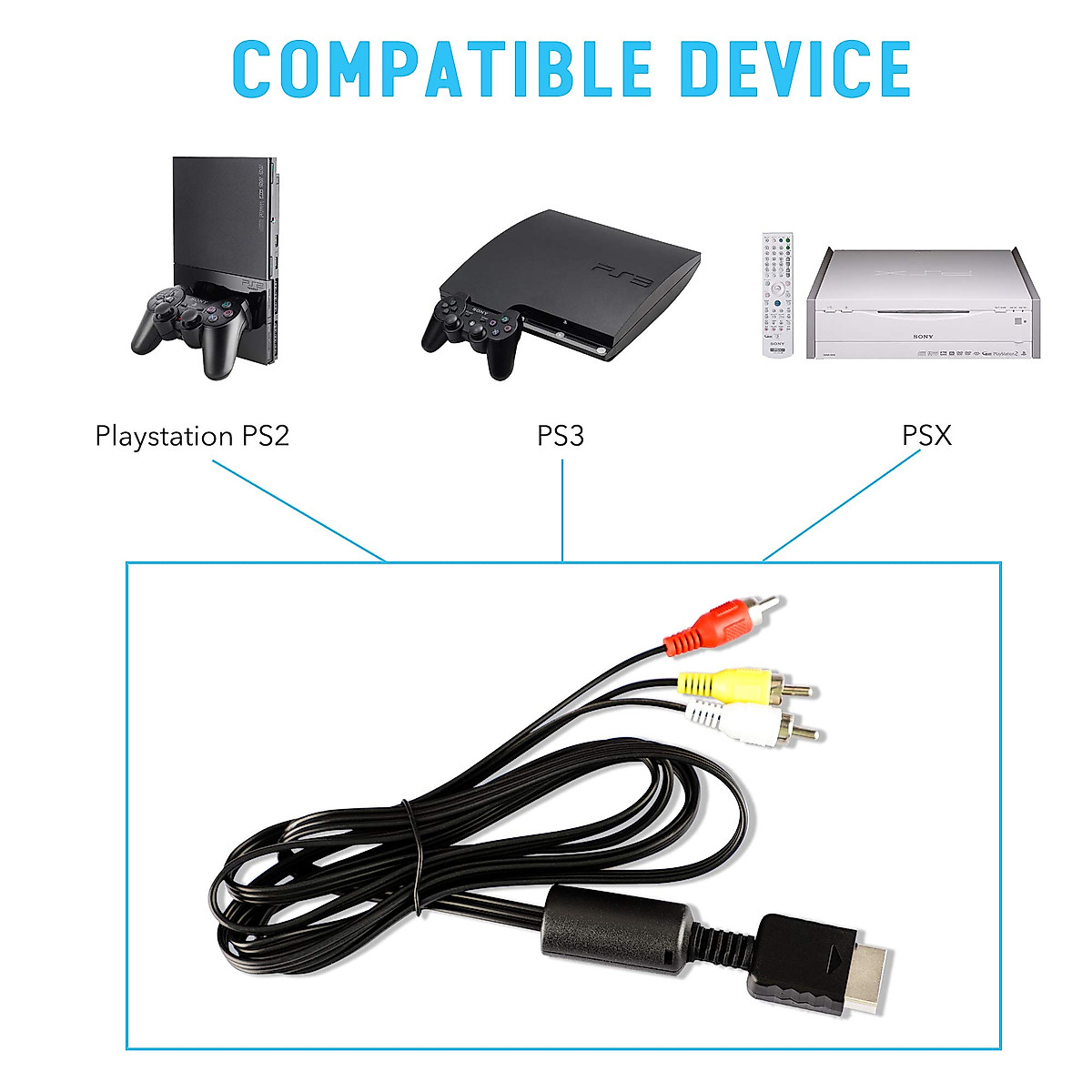 2Pack 6Ft AV Cable for PS2 PS1 PS3, AV to RCA Composite Audio Video TV Cord Compatible with Playstation 1 2 3