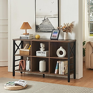 HOMBAZAAR Cube Storage Organizer Shelf, Industrial Horizontal Bookshelf with 6 Cube Storage, Rustic Low Cube Bookshelf with 3 Shelves, Short Wide Bookcase for Office,Living Room,Apartment,Brown