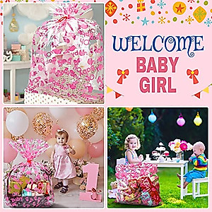 12 Pcs Extra Large Baby Shower Basket Bags with 10 Bows Ribbon 28 x 40 Inch Large Cellophane Bags Baskets Empty Bags Jumbo Cellophane Wrap for Gift, Presents, Baby Shower (Pink Elephant Patterns)