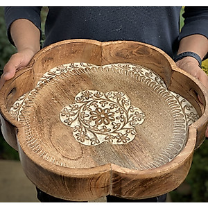 Snuglily Rustic Farmhouse 16 inch Round, 15 inch Hexagon Tray Decorative Tray Vintage Antique Handcarved Soild Wood Tray, Kitchen Decor Ottoman Tray (Hexagon 15 inch Diameter)