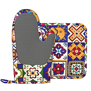 Oven Mitts and Potholders Colorful Geometric Ethnic Silicone Glove Heat Resistant, Kitchen Gloves for Cooking, 2-Piece Set