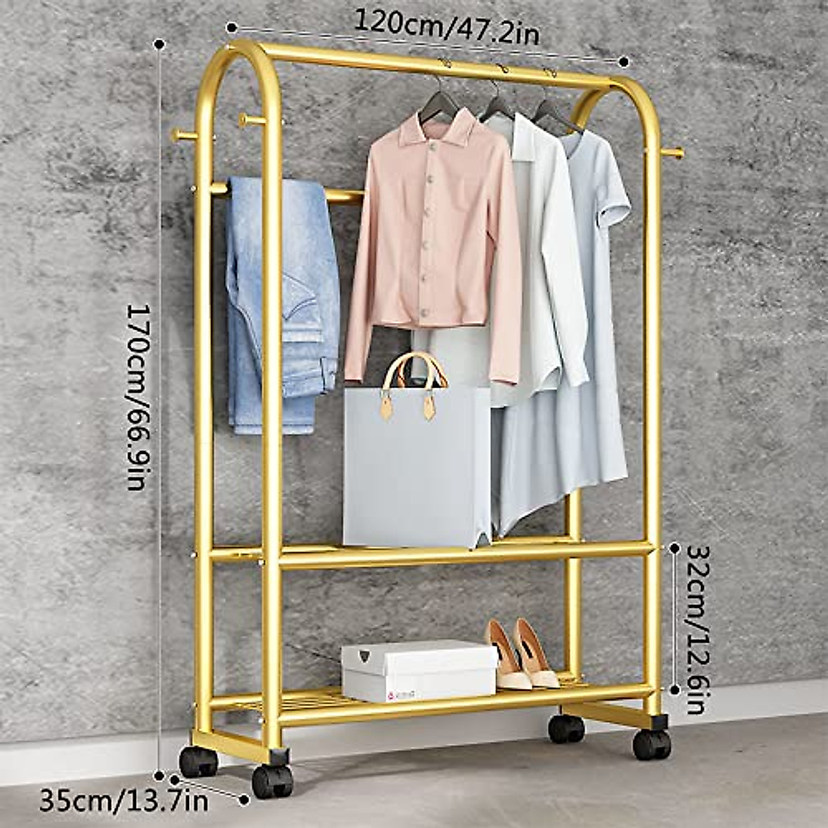 DSIOHFEI Metal Garment Rack Clothing Hanging Rack Free Standing Clothing Hanger with Top Rod,Lower Storage Shelves for Home Bedroom Laundry (Golden)