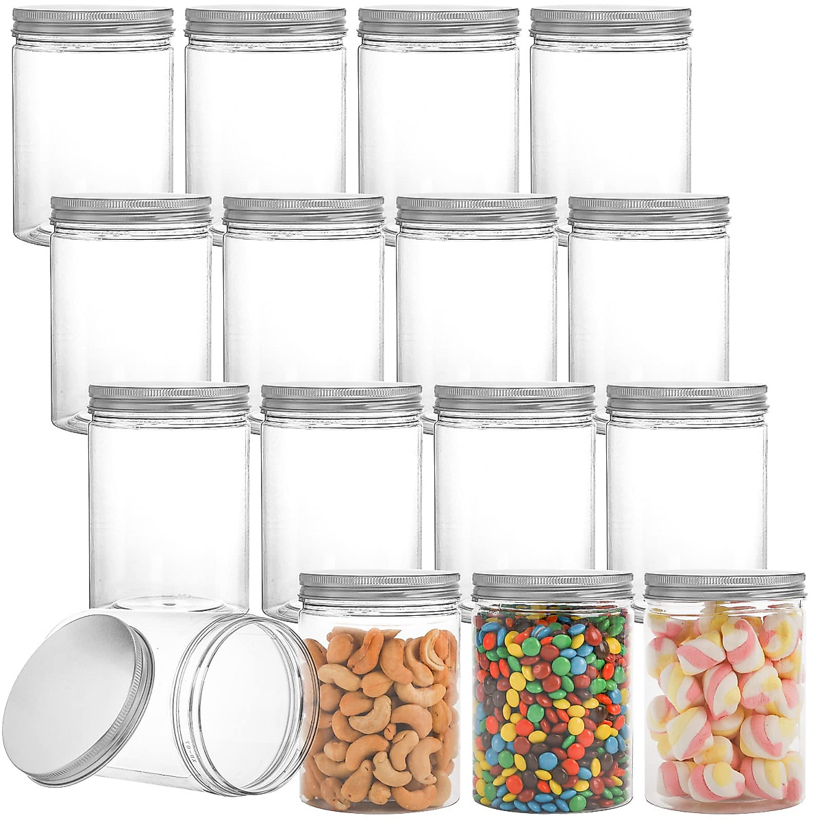 Tebery 16 Pack Clear Plastic Jars Bottles Containers with Silver Ribbed Lids 20oz Straight Cylinders Storage Canisters for Food & Home Storage