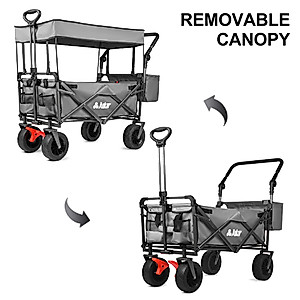 AUKAR Collapsible Canopy Wagon - Heavy Duty Utility Outdoor Foldable Garden Cart - with Adjustable Push Pulling Handles,Big Wheels for Sand, for Shopping, Picnic, Camping, Sports - Grey