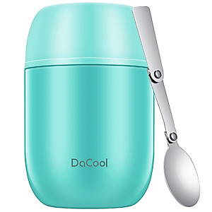 DaCool Insulated Lunch Container Hot Food Jar 16 oz Stainless Steel Vacuum Bento Lunch Box for Kids Adult with Spoon Leak Proof Hot Cold Food for School Office Picnic Travel Outdoors - Cyan Blue