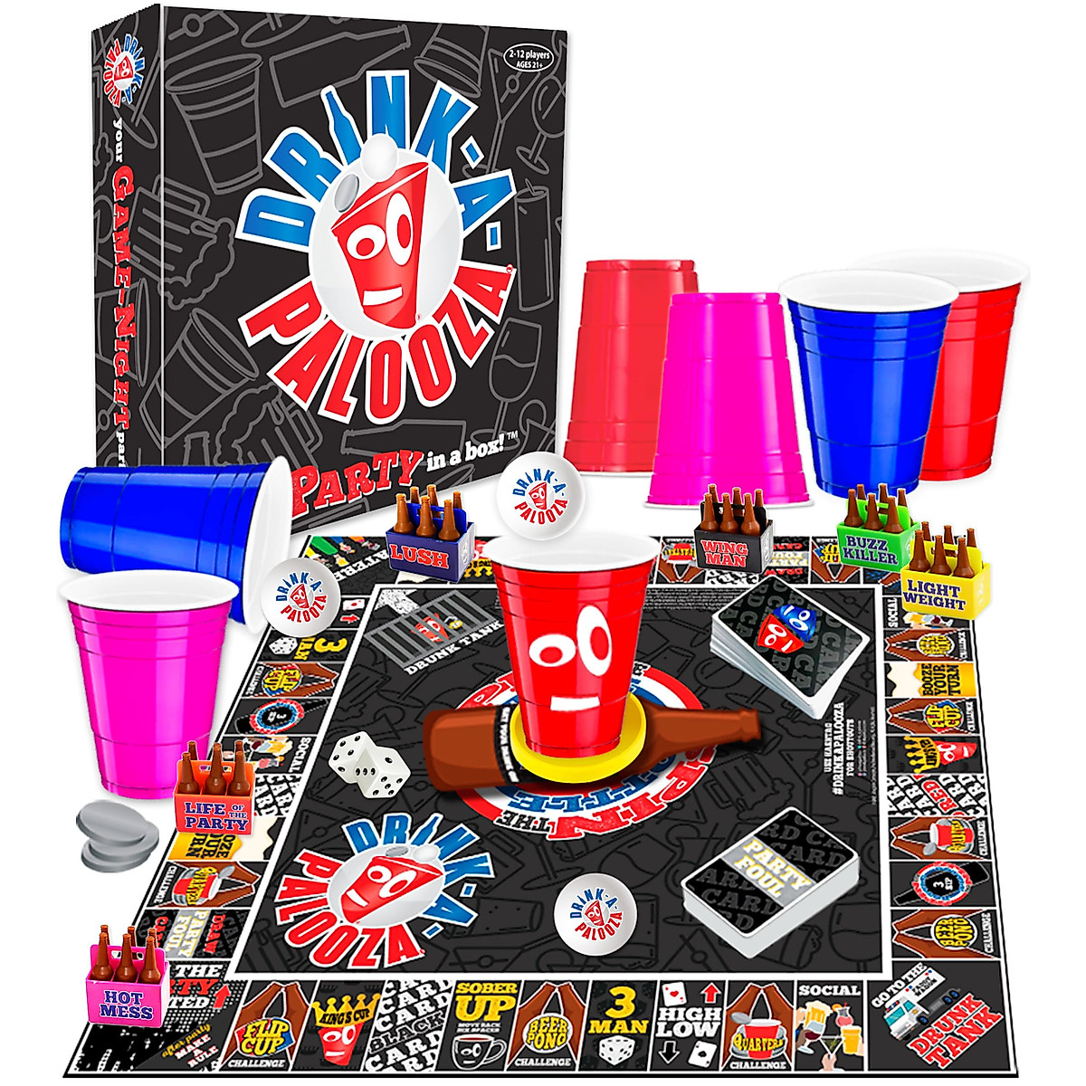 DRINK-A-PALOOZA Drinking Games for Adults - Competitive Board Game for Parties, 21st Birthdays, and Game Nights; Features Drinking Card Games, Beer Pong, and Couples Games – The Perfect Novelty Gift