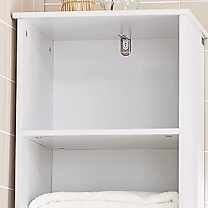 SoBuy Floor Standing Tall Bathroom Storage Cabinet with Shelves and Drawers, Linen Tower Bath Cabinet, Anti-Tipping Multifunctional Corner Unit, White BZR17-W