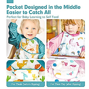 hahaland Long Sleeve Bibs for Babies 6-12-18-24 Months - Unicorns Baby Bibs for Girls Baby Shirt Bibs for Eating Feeding, Wearable Sleeved Smock Bibs with Food Catcher for Led Weaning (Pink)