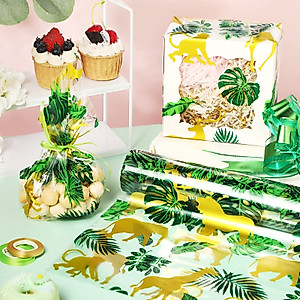 Geyee Safari Cellophane Wrap Roll with Pull Bows and Ribbons 98 Feet x 32 Inches Cellophane Wrap Jungle Animal Gift Wrapping Paper for Jungle Safari Baby Shower Birthday Summer Party Supplies