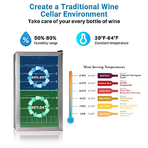 Techomey Wine Cooler Refrigerator, 34 Bottle Wine Cooler for Home Freestanding with Digital Temperature Control, Clear Glass Door, Soft LED Light, Stainless Steel, Black