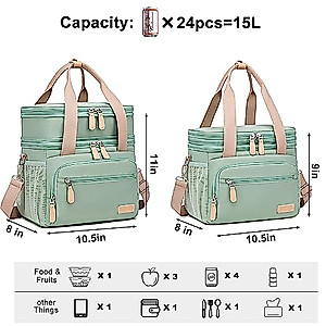 Weitars Insulated Lunch Box for Women Men-Dual Compartment Waterproof Reusable Large Lunch Bag for Women Wide-Open Tote Cooler Bag For Working Picnic Hiking (15L) (Green)