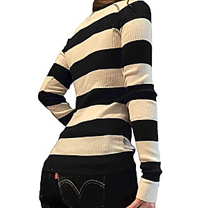 Faretumiya Y2k Striped Tee Shirts Women Long Sleeve Color Block V-Neck Bodycon Rib Knitted Pullover Tops Blouse Streetwear(Button Black,Small)
