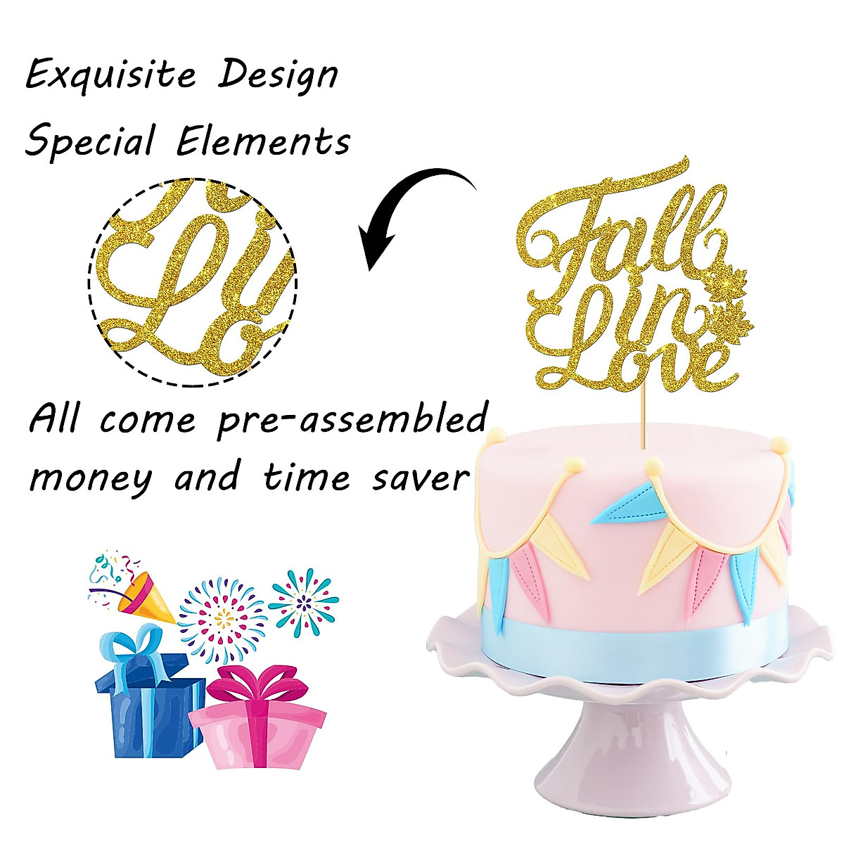 Gold Glitter Fall in Love Cake Topper - Fall Themed Wedding/Wedding Anniversary/Bridal Shower Party Decorations