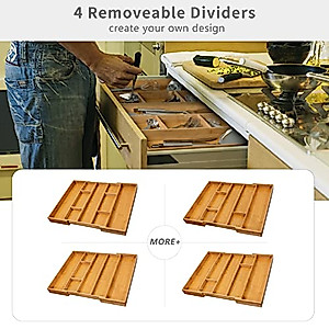 oridom Expandable Bamboo Kitchen Drawer Organizer with 4 Removable Inserts for Cutlery and Utensils, Adjustable Bamboo Wood Cutlery Tray in Drawer for Flatware and Silverware in Kitchen, 9 Slots
