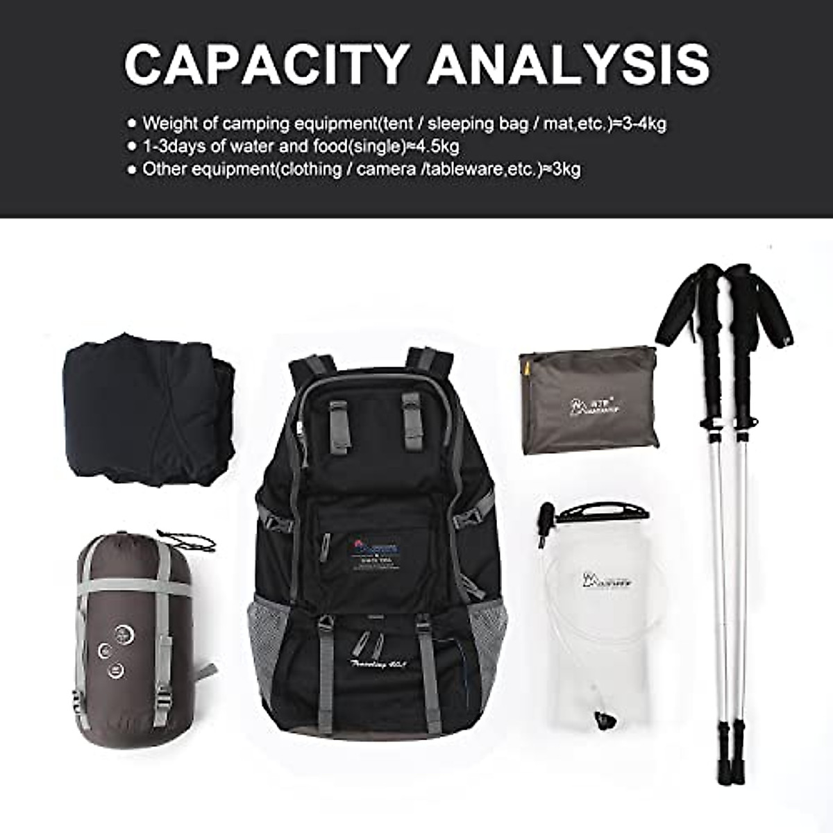 MOUNTAINTOP 40L Hiking Backpack with 3L Hydration Bladder for Women & Men Outdoor Travel Camping Day Pack with Rain Cover, 21.7 x 13 x 7.9 in,Black