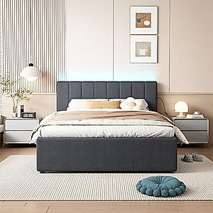 YOPTO Full Size Upholstered Platform Bed with Twin Size Trundle & USB Port,Linen Tufted Bed Frame W/Remote Control LED Light & Stripe Headboard,Wood Slats Support for Bedroom,Apartment,Dark Gray