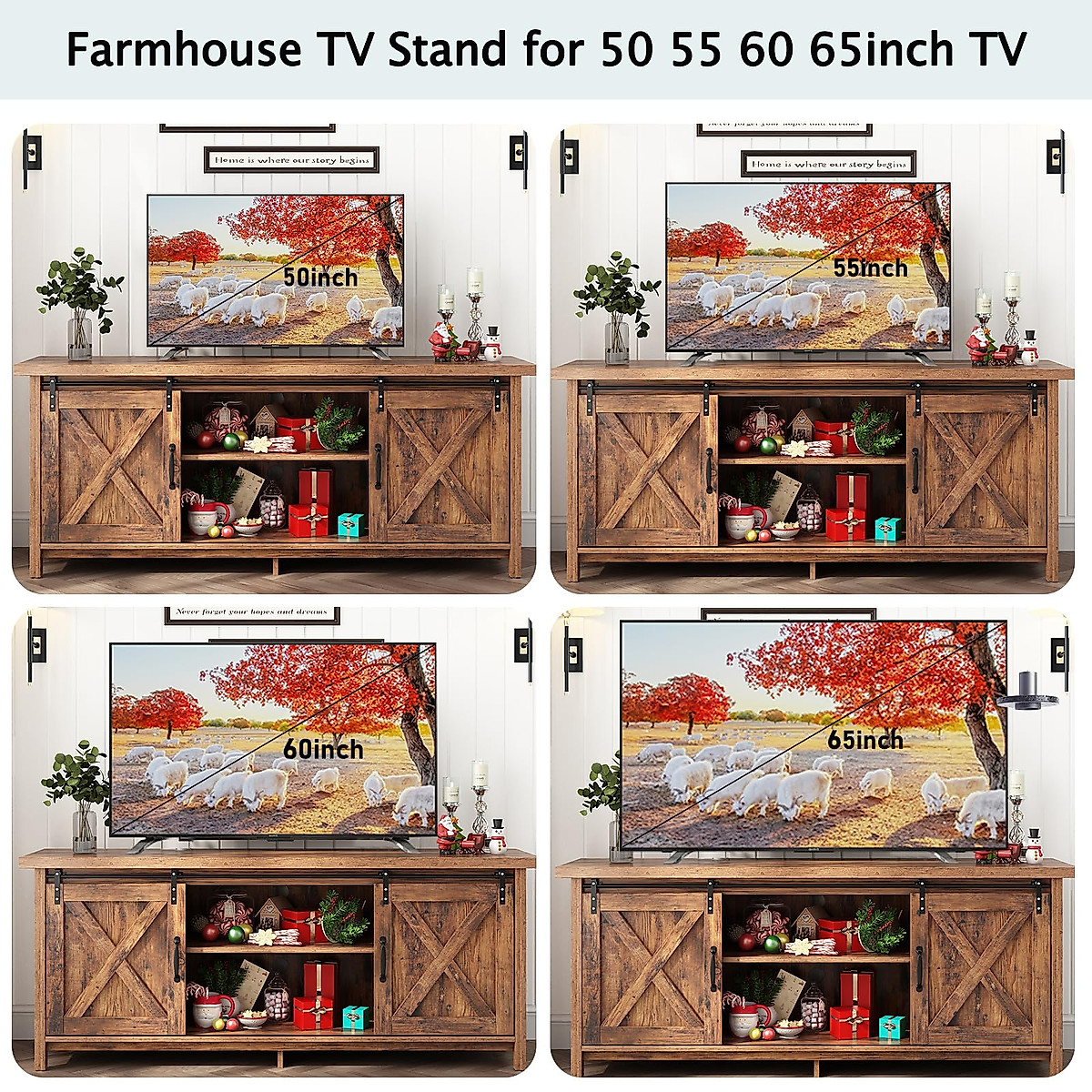 Elibeauty Farmhouse TV Stand for 55-65in TV with Adjustable Shelves & Sliding Barn Door - Rustic, Wooden Entertainment Center & Media Cabinet for Bedroom, Living Room (Dark Brown, 58in)