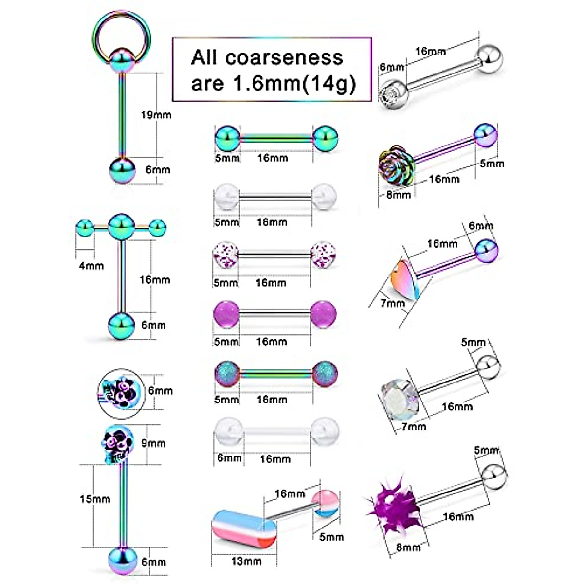 Prjndjw 14G Surgical Steel Tongue Rings for Women Men Teaser Double Barbell with Slave Ring Skull/Flower/Silicone Soft Spike Ball/CZ/Door Knocker/Pill Tongue Ring Piercing Jewelry 5/8inch Rainbow