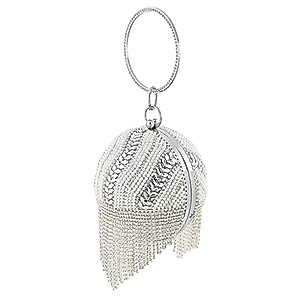 UMREN Women Pearl Round Ball Dazling Crystal Evening Clutch Purse Rhinestones Tassel Wedding Party Handbags Silver 5