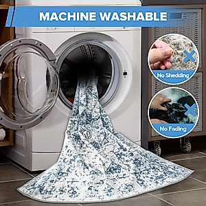 FAIOKAVER Soft Thin Washable Vintage Area Rug - 5X7 Large Boho Blue Bedroom Rug Entry Mat,Vintage Non-Slip Non-Shedding Low Pile Indoor Throw Carpet for Laundry Living Room