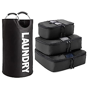 Gorilla Grip Laundry Basket and 3 Piece Packing Cubes, Laundry Basket Size 115L, Easy Carry Handles, Space Saving Travel Bags for Carry On in Multiple Sizes, Mesh Zipper, Both in Black, 2 Item Bundle