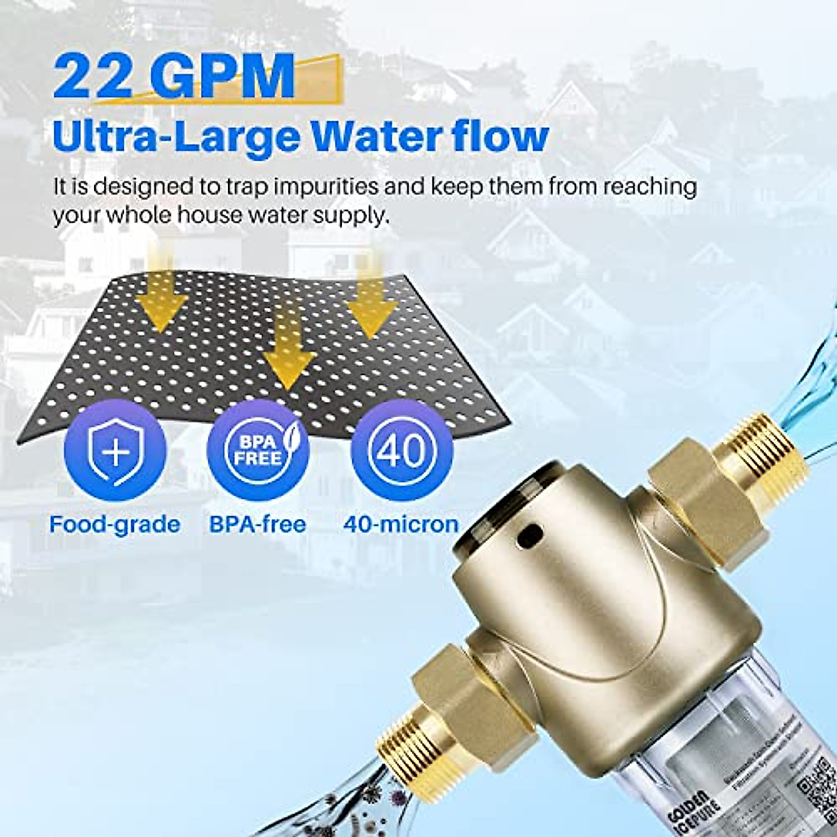 GOLDEN ICEPURE Backwash Spin Down Sediment Water Filter, 40 Micron Reusable Flushable Pre-Filtration System, 1" MNPT + 3/4" FNPT + 3/4"MNPT, BPA Free