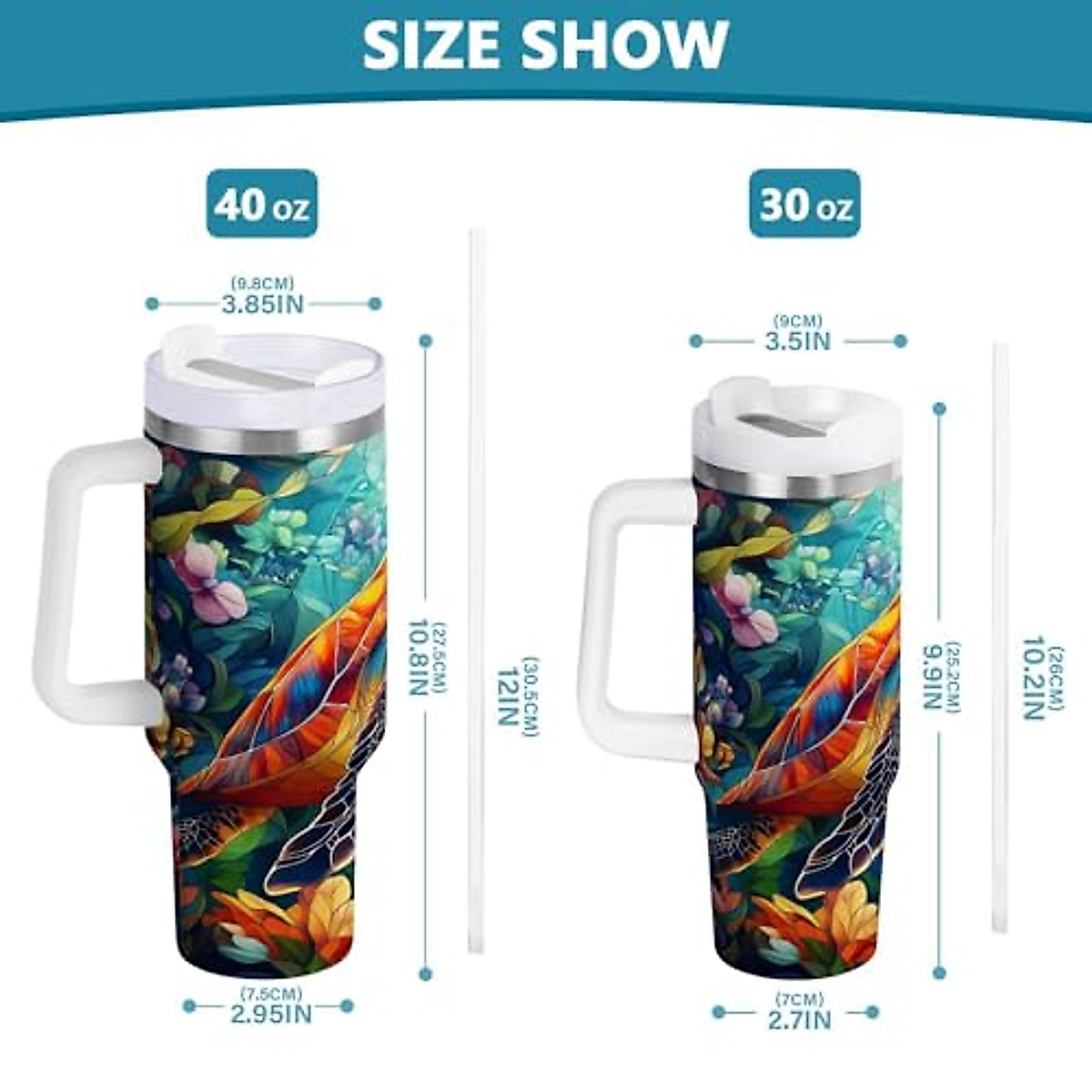 Slewiaeky Tumbler with Handle 40 oz Lovely Tortoise Turtle Travel Mug with Lid and Straw Ocean Stainless Steel Vacuum Insulated Water Bottle Cup for Iced Tea Coffee Cold Beverages Cup Holder Friendly