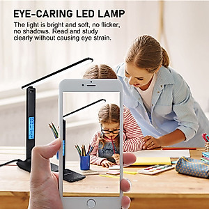 LEDFit LED Desk Lamp with Wireless Charger, Eye-Caring Bedside Lamps with LCD Screen, USB Charging Port, Touch Control, Adjustable Table Lamp with Clock, Date, Temperature for Home Office,Black