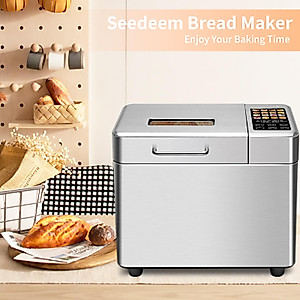 SEEDEEM 16-in-1 Bread Machine, 2.2LB Stainless Steel Bread Maker with Fruit and Nut Dispenser, Nonstick Ceramic Pan, 3 Crust Colors & 3 Loaf Sizes, Touch Panel, Recipes, Silver
