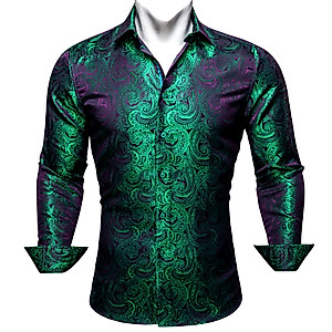 Barry.Wang Mens Shirt Unique Paisley Long Sleeve Silk Woven Flower Dress Shirts Regular Button Up Wedding/Casual Formal